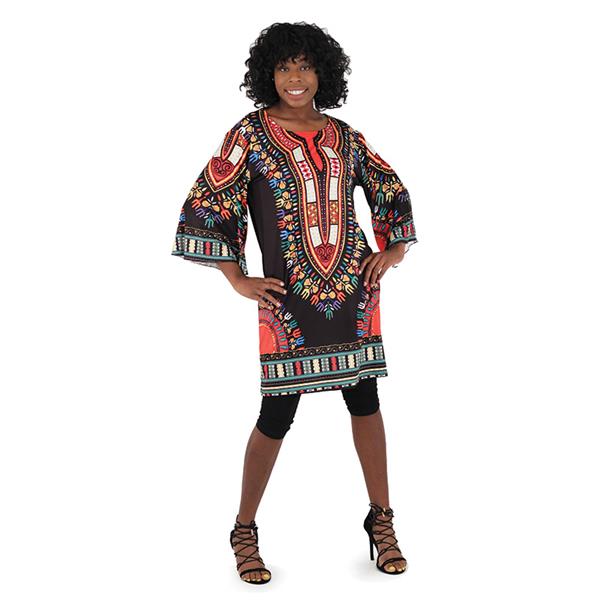 Traditional Print Dashiki Dress Black